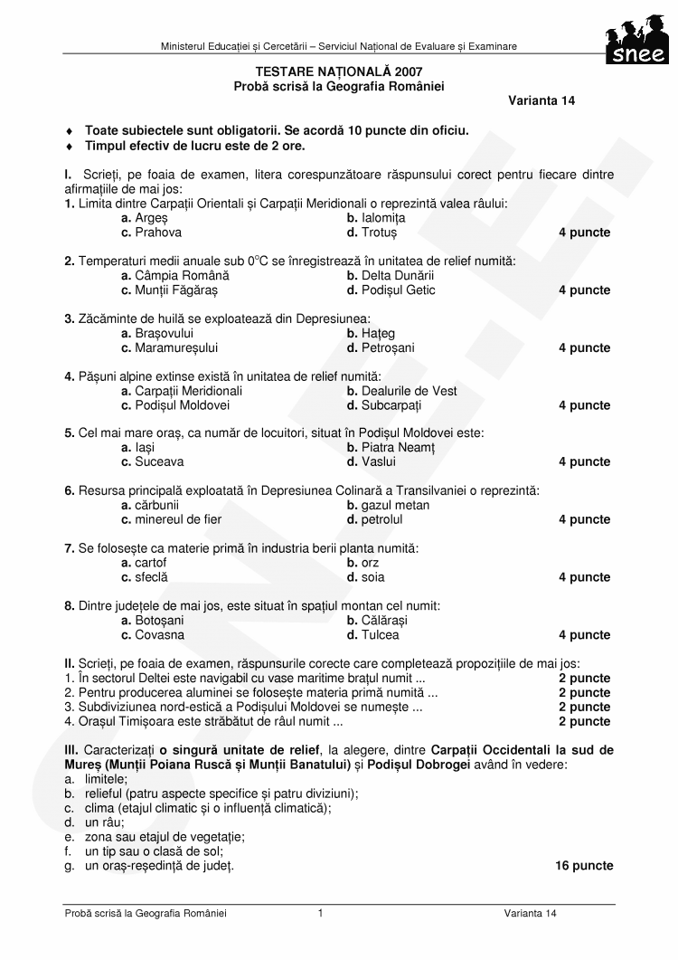 Subiecte examen Teste Nationale 2007 - Geografia Romaniei - varianta 14 bac